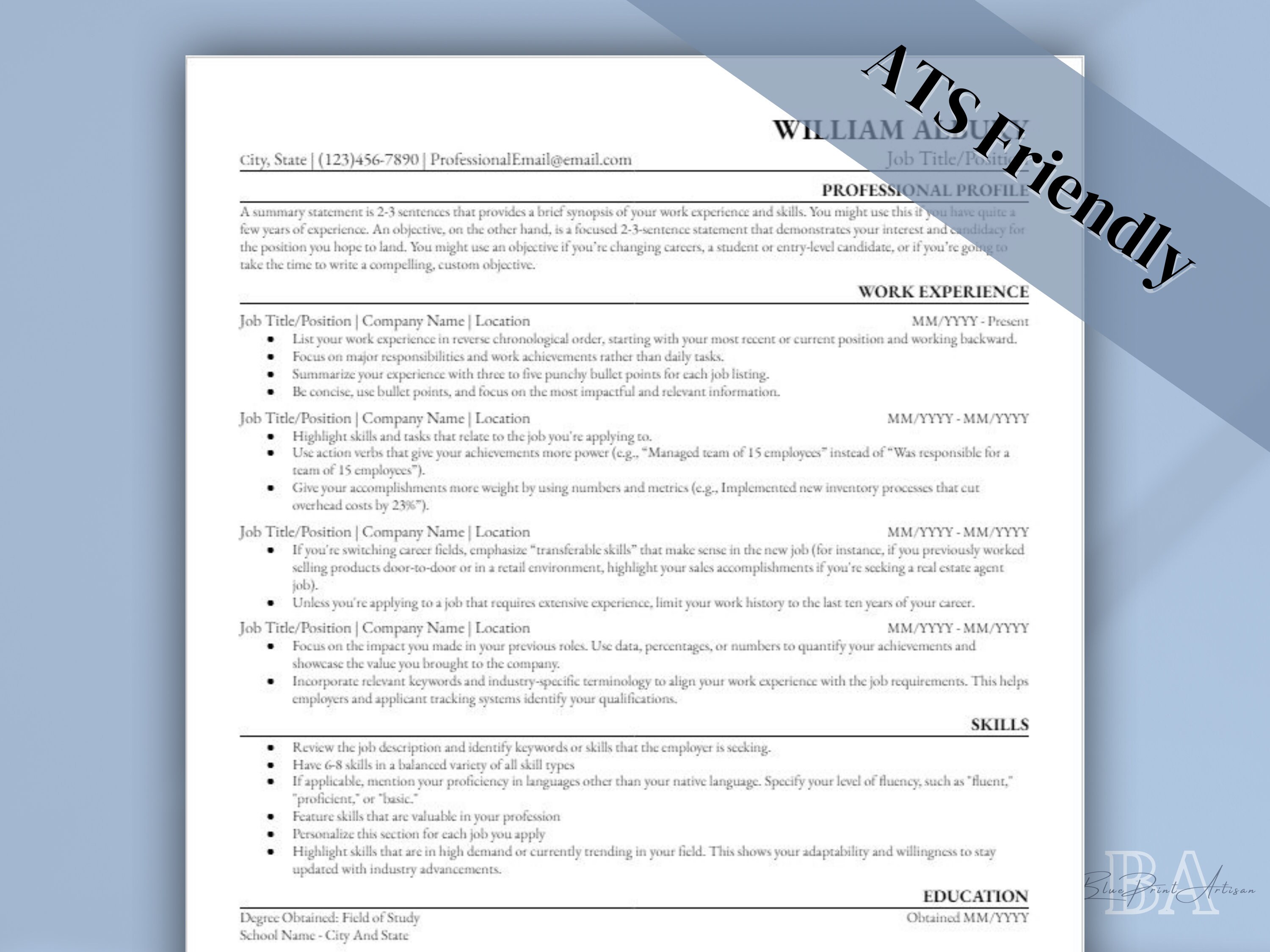 ATS Friendly Resume Template Word, Pages, Resume Google Docs, Resume ...
