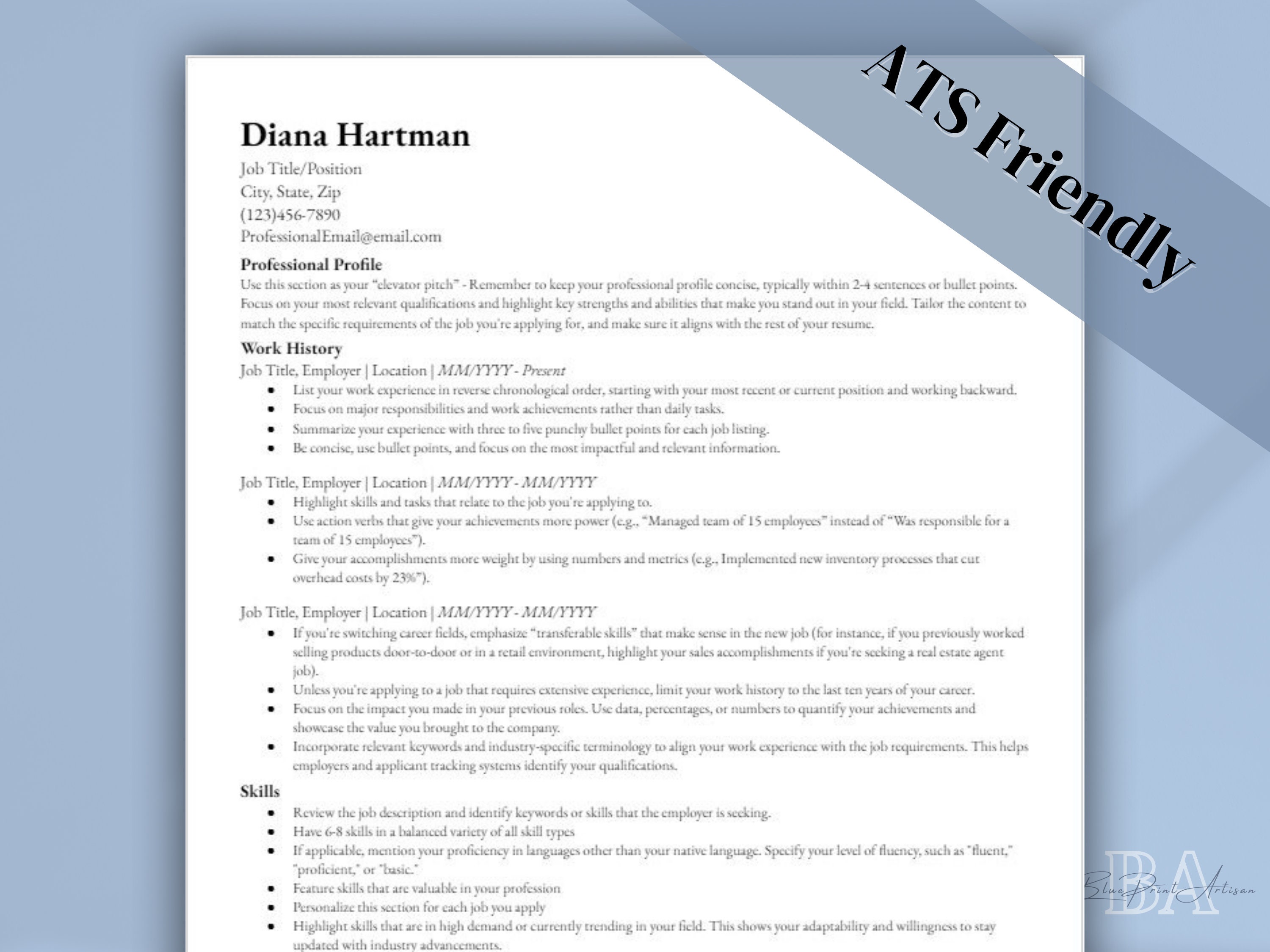 ATS Friendly Resume Template Word, Resume Google Docs, Pages, Cover ...