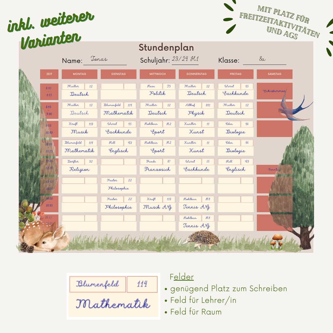 Timetable for Boys/girls. PDF A4 Digital Download. Great for First ...