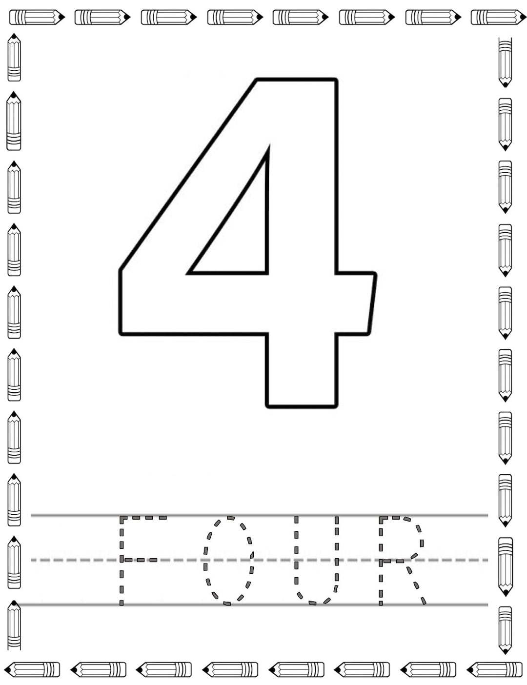Number 4 Recognition and Tracing Worksheet - Pencil - Etsy