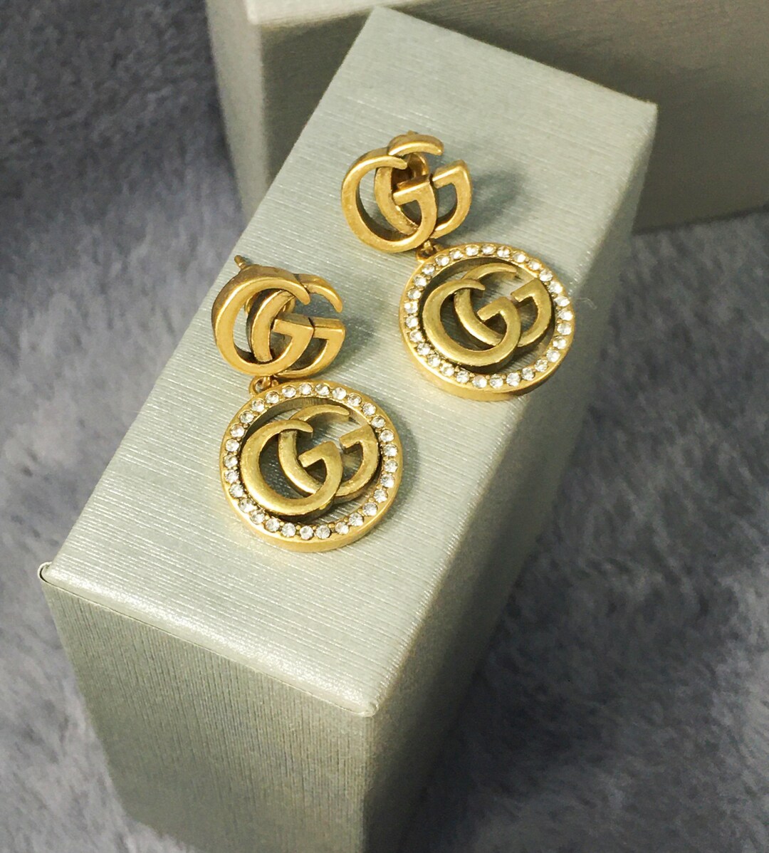 Gucci Vintage Stylish Gold Brand Logo Diamond Earrings - Etsy