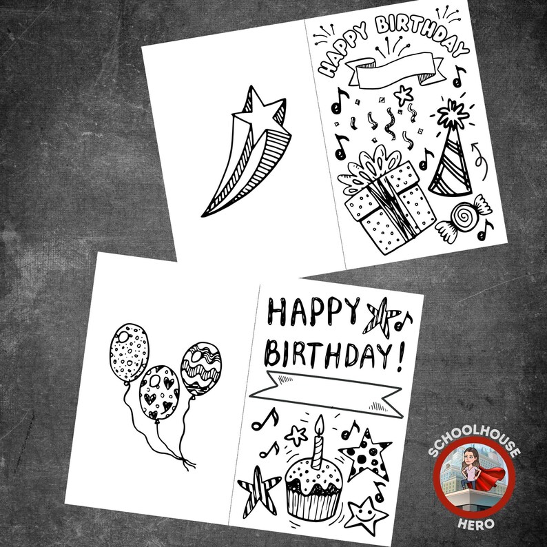 Printable Happy Birthday Coloring Cards – 10 Designs – Personalizable ...