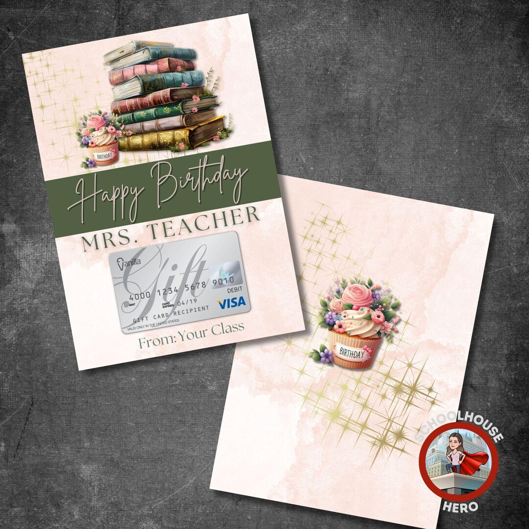 Printable Teacher Birthday Card: Books & Cupcake Gift Card Holder ...