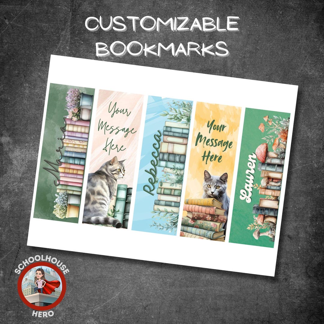 Printable Cat & Books Bookmarks – 2"x6" Customizable Reading Accessory ...