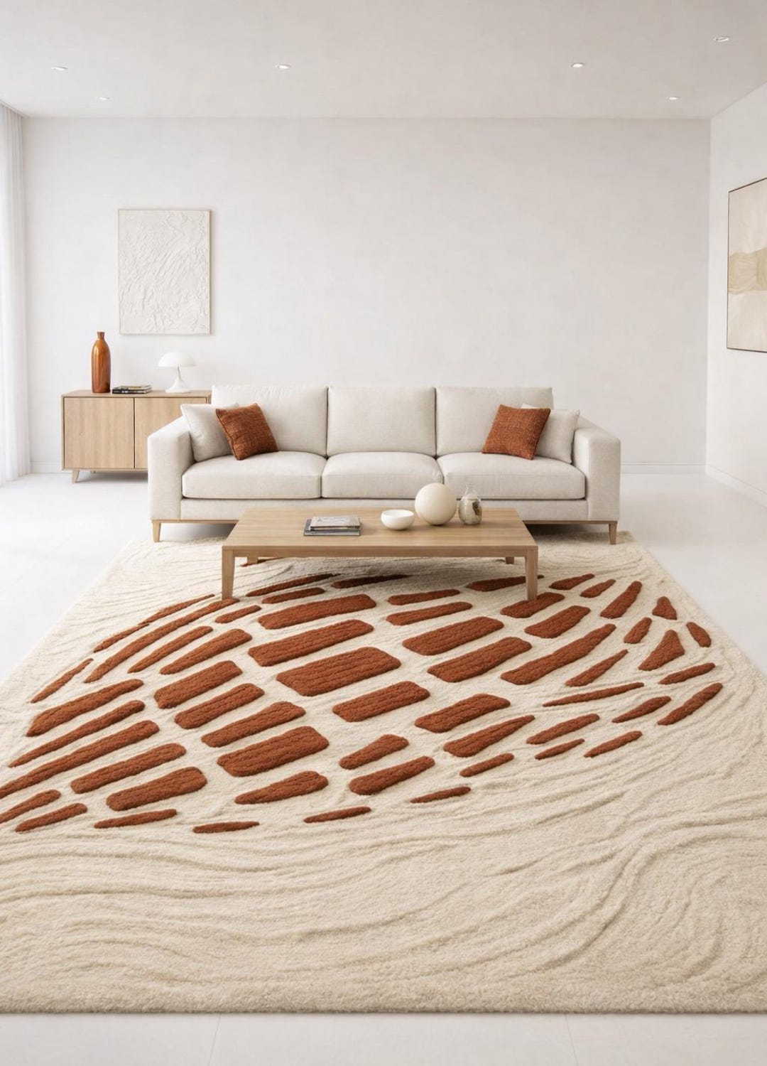 High-low Pile Wool Rug, 3D Bubble Texture Hand Tufted Carpet, Rust and ...
