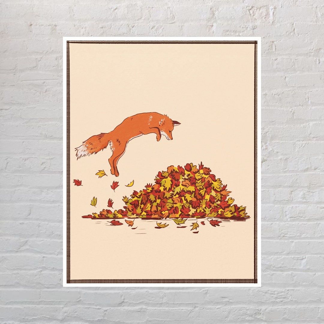 Fox Jumping in Leaves Cute Print, Wall Art, Printed on 100 Lb Premium ...