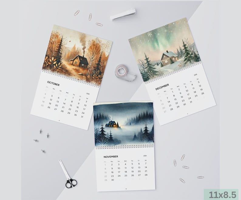 Nordic Landscape 2026 Wall Calendar | Watercolor Winter Cabin Art - Etsy