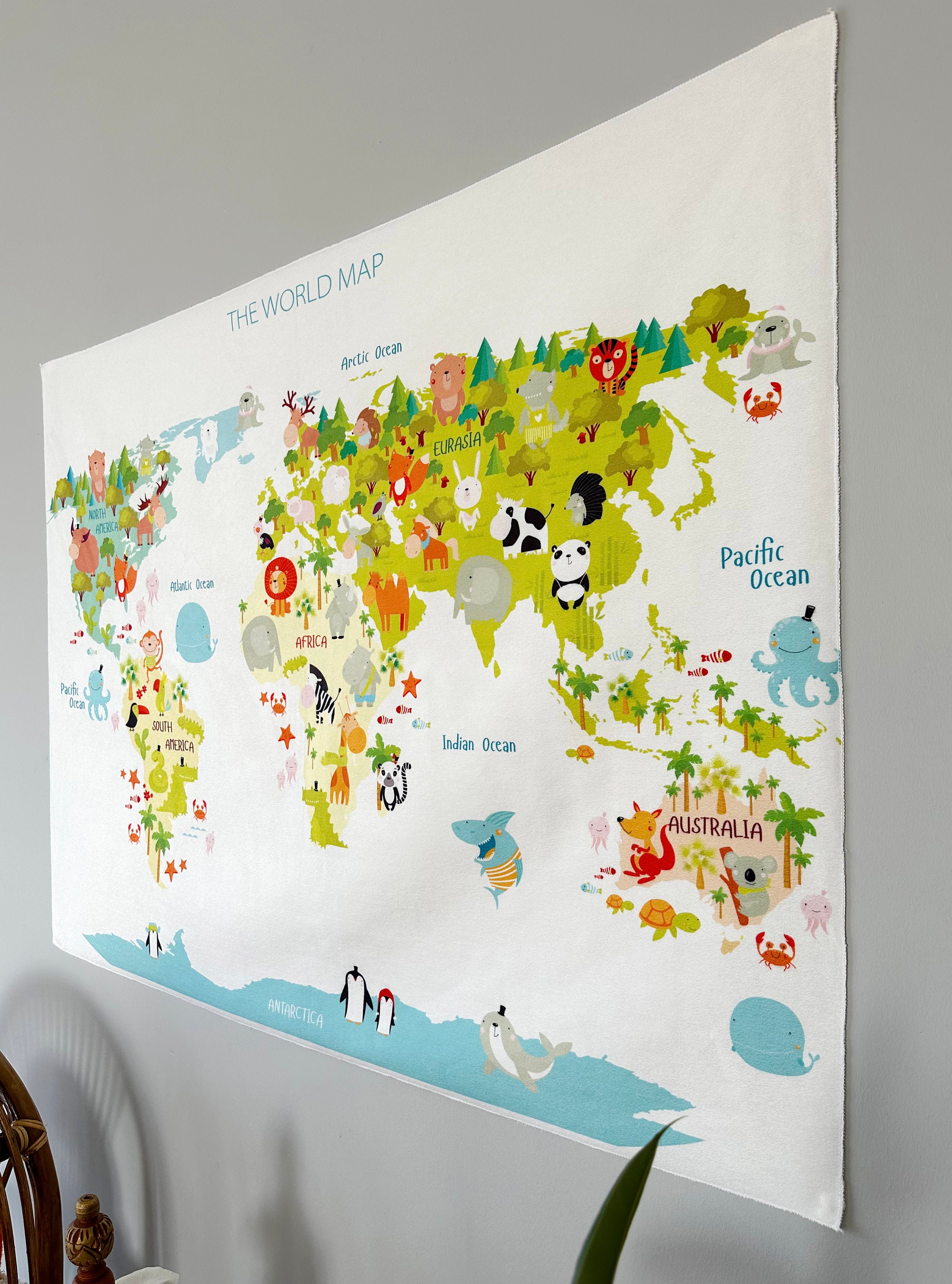 World Map Cute Animals Safari World Map Fabric Wall Hanging - Etsy