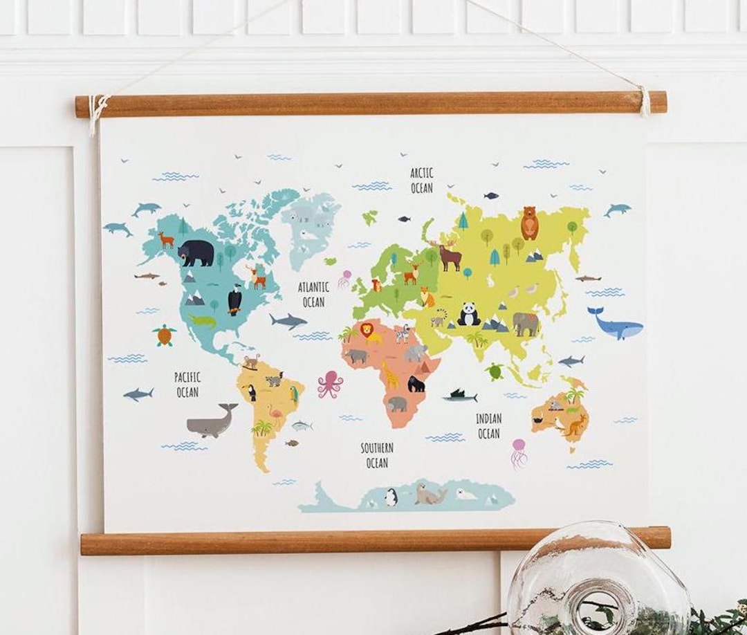 Animals World Map, Kids Animal World Map Print, World Map Nursery ...