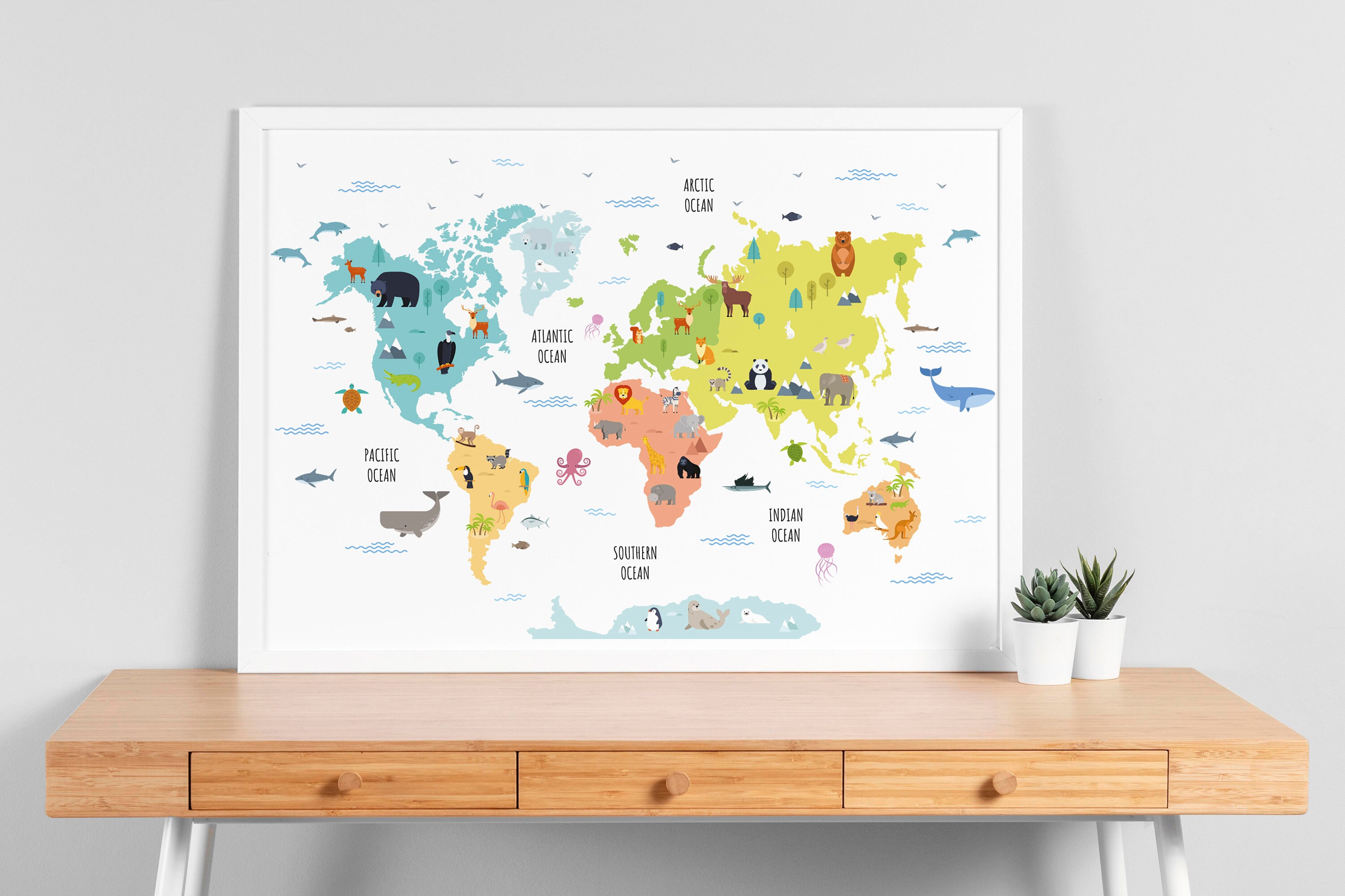 Animal World Map Print: Kids Nursery Educational Poster (digital ...