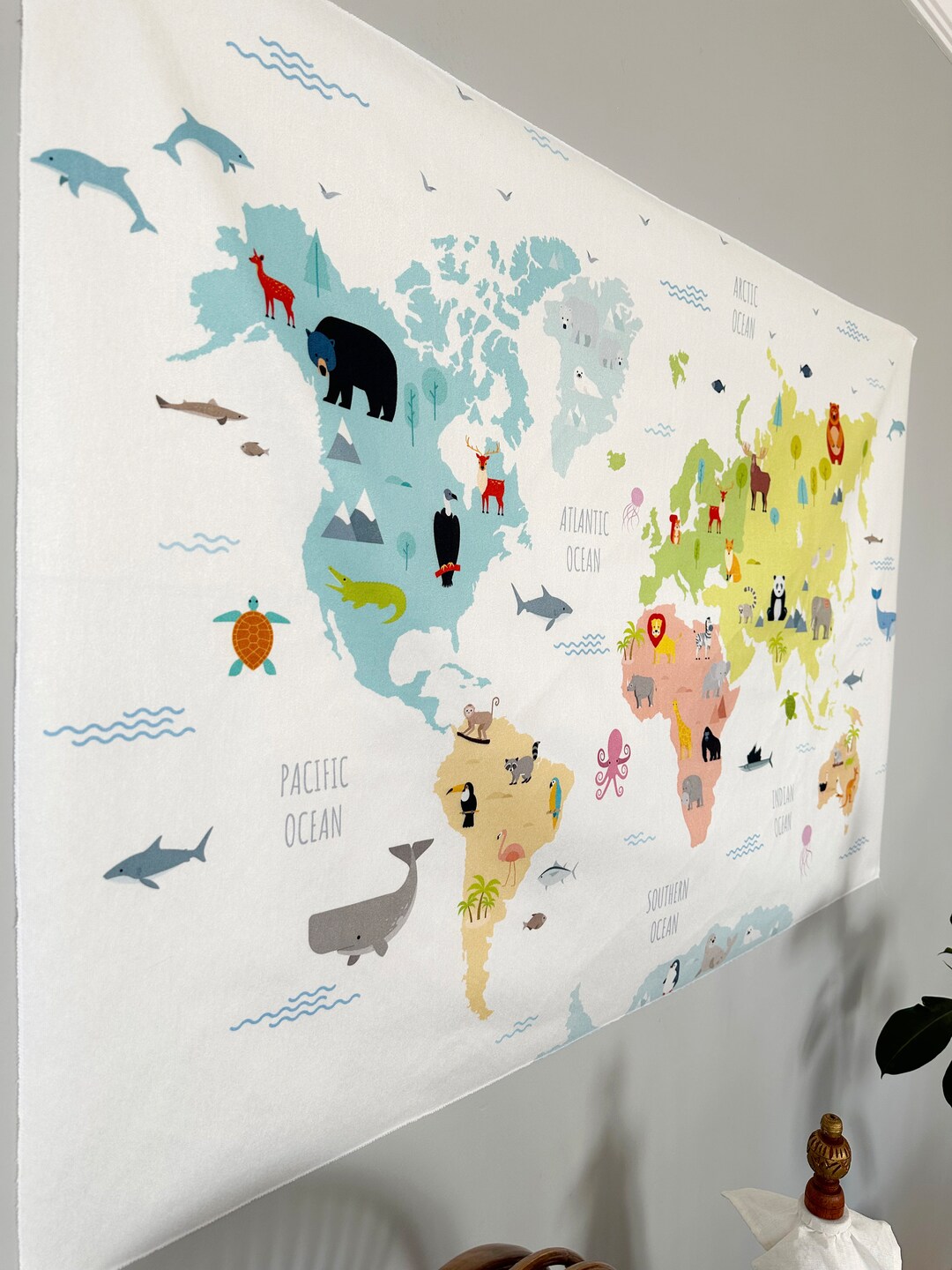 World Map Cute Animals Safari World Map Fabric Wall Hanging - Etsy Canada