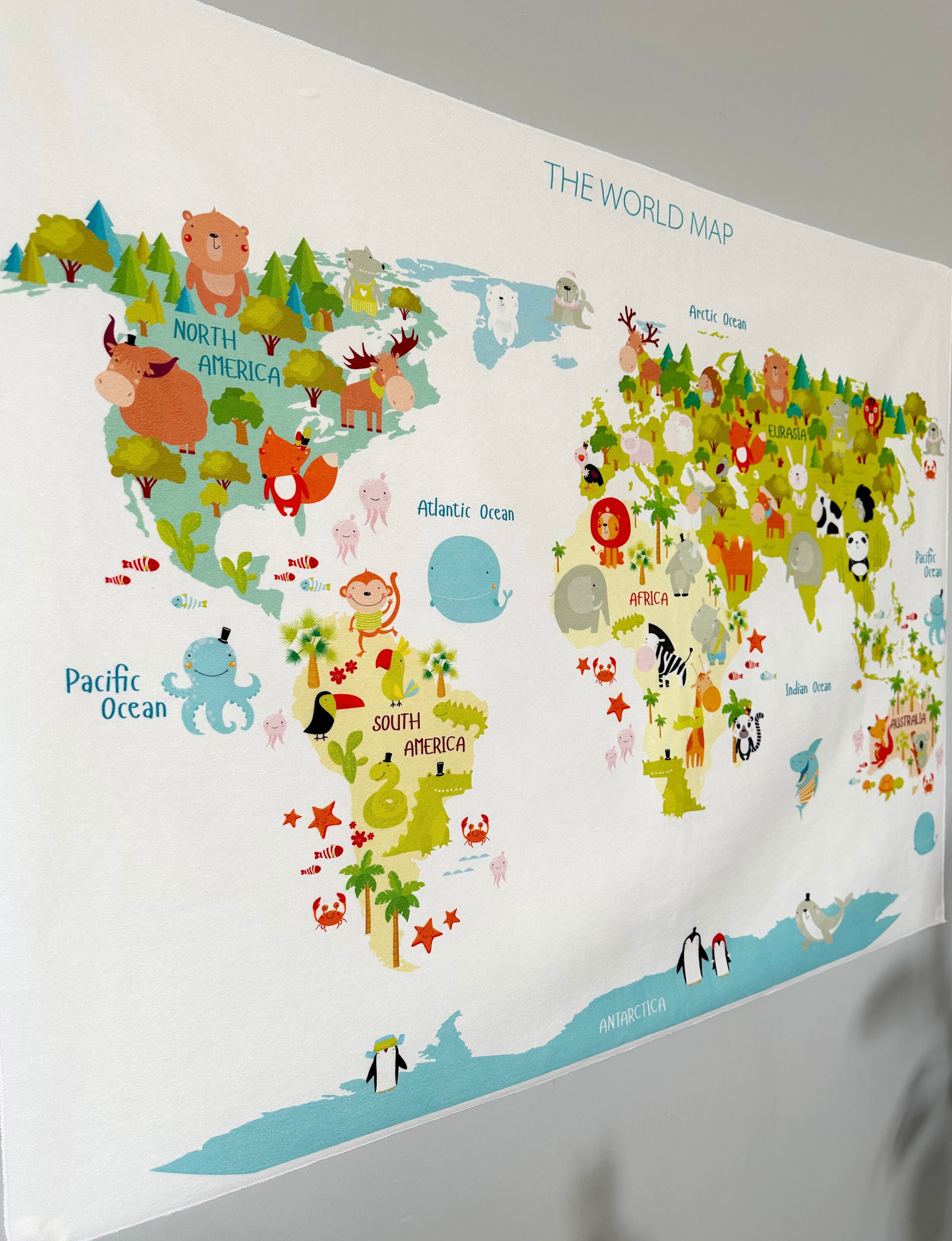 World Map Cute Animals Safari World Map Fabric Wall Hanging - Etsy