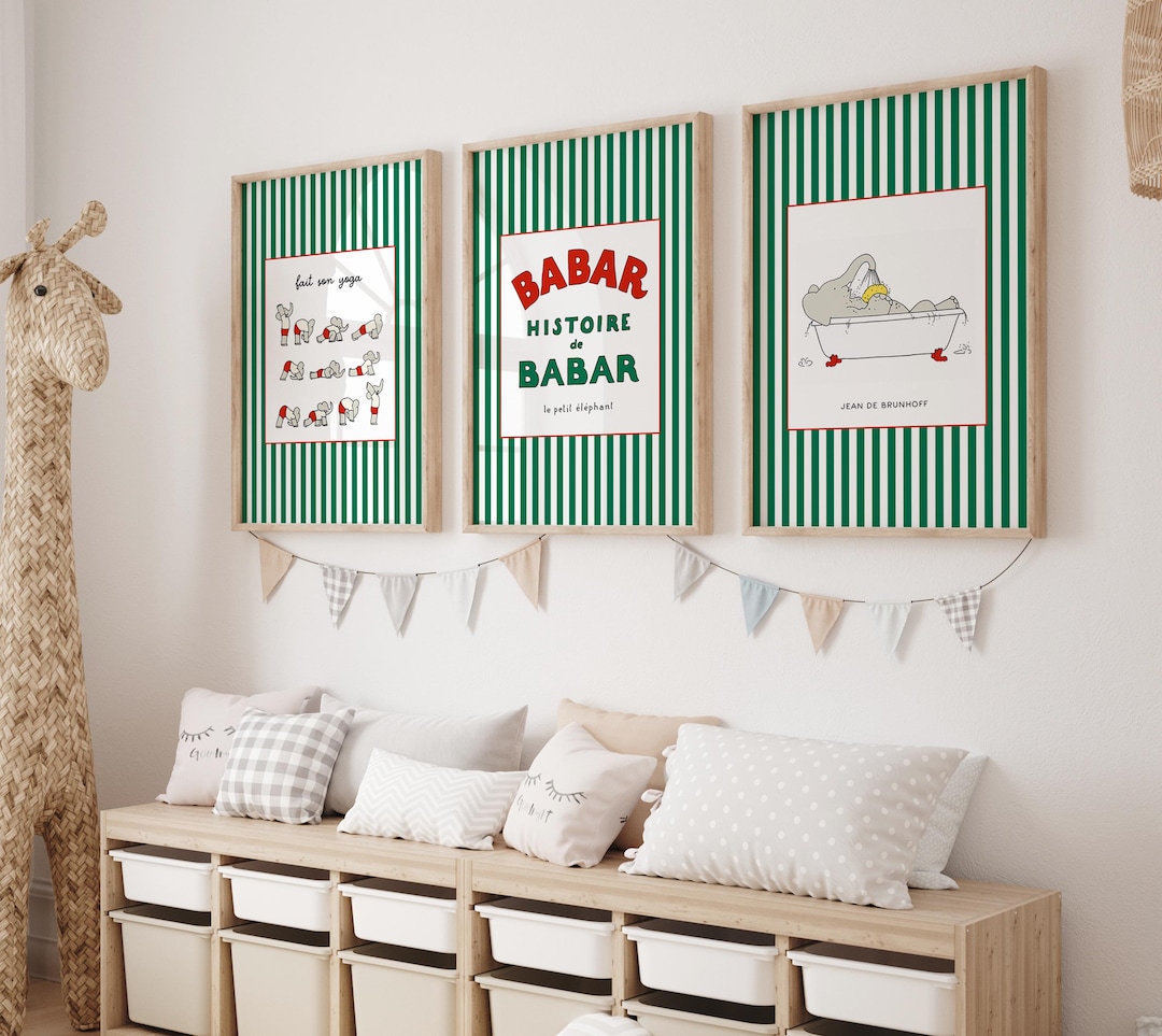 Babar Elephant Green Stripes and Red Accents Kids Room Decor, Babar ...