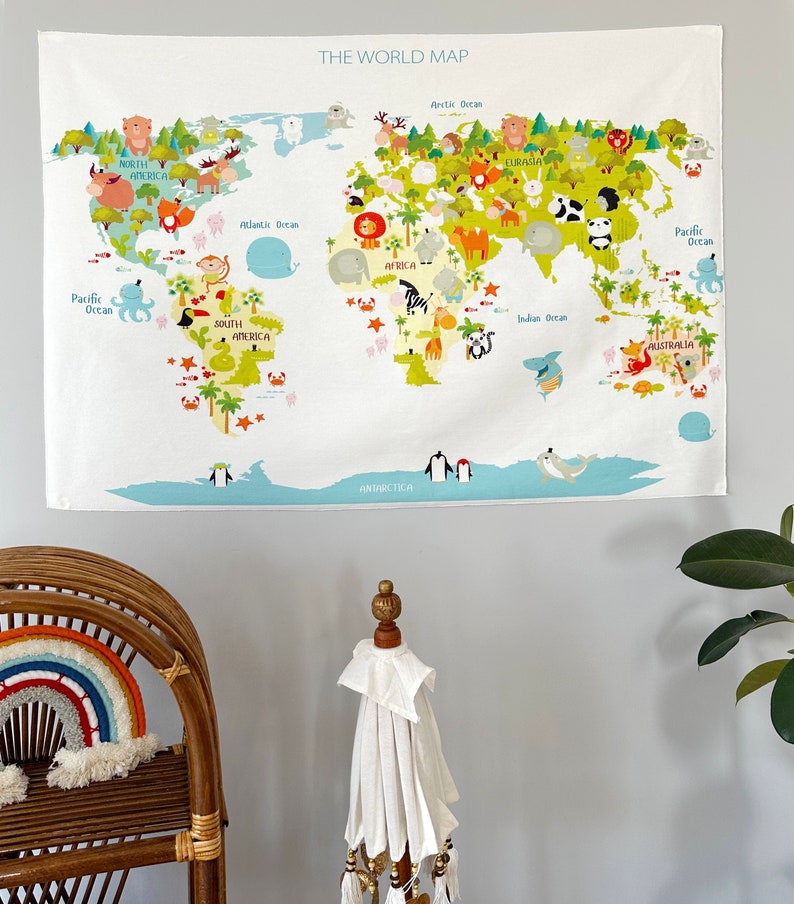 World Map Cute Animals Safari World Map Fabric Wall Hanging - Etsy