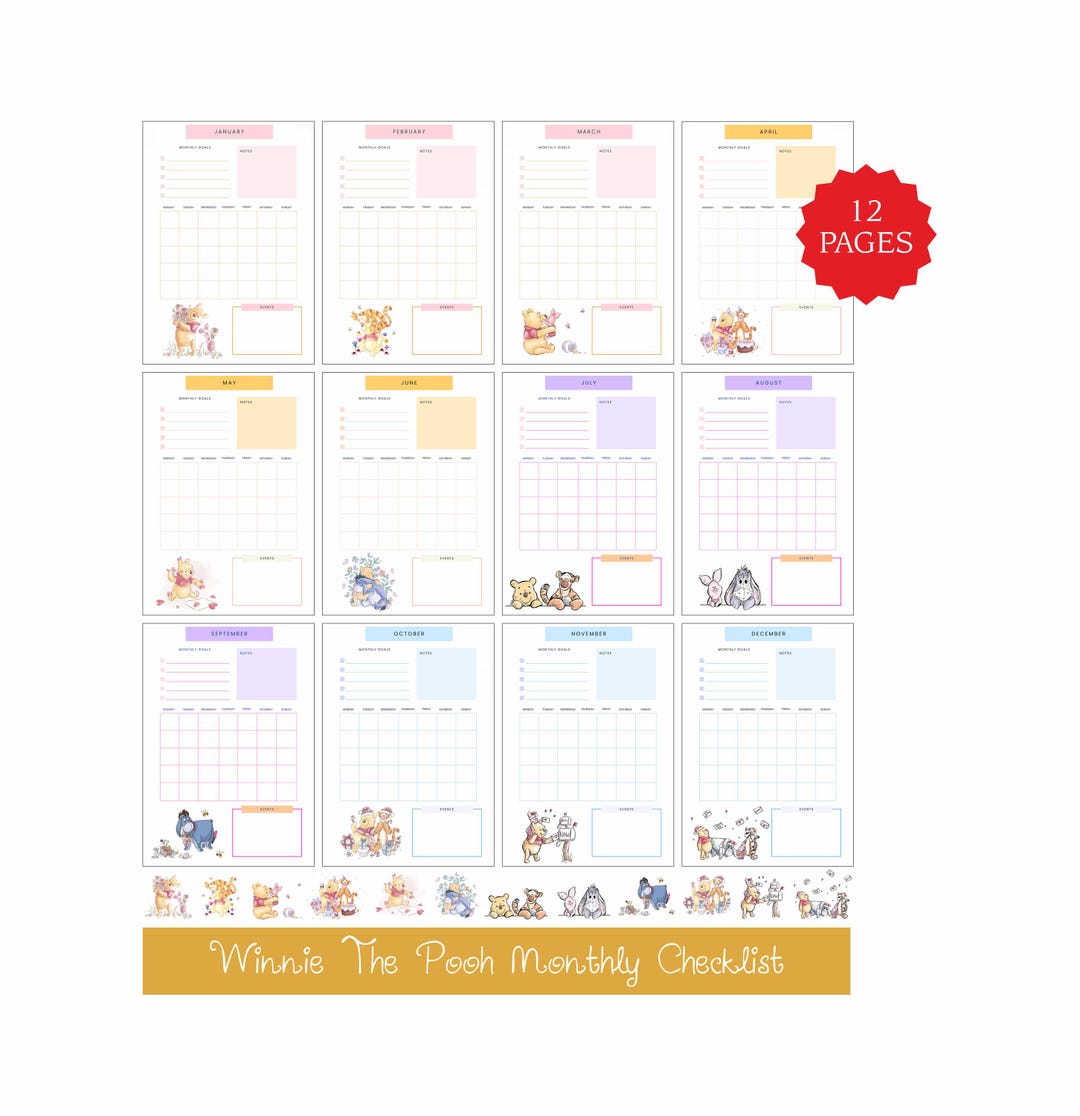 Winnie the Pooh Kids Monthly Checklist, Planner (digital Download) - Etsy