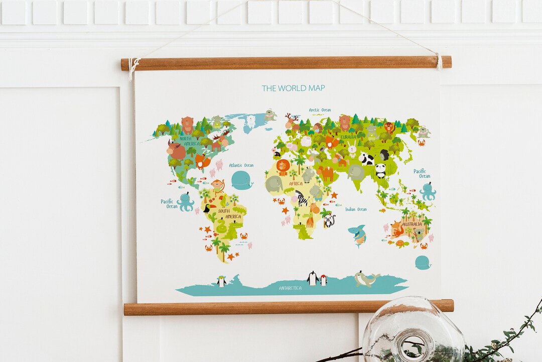 World Map, Cute Animals, Safari, World Map Poster, Kids Room Wall Art ...
