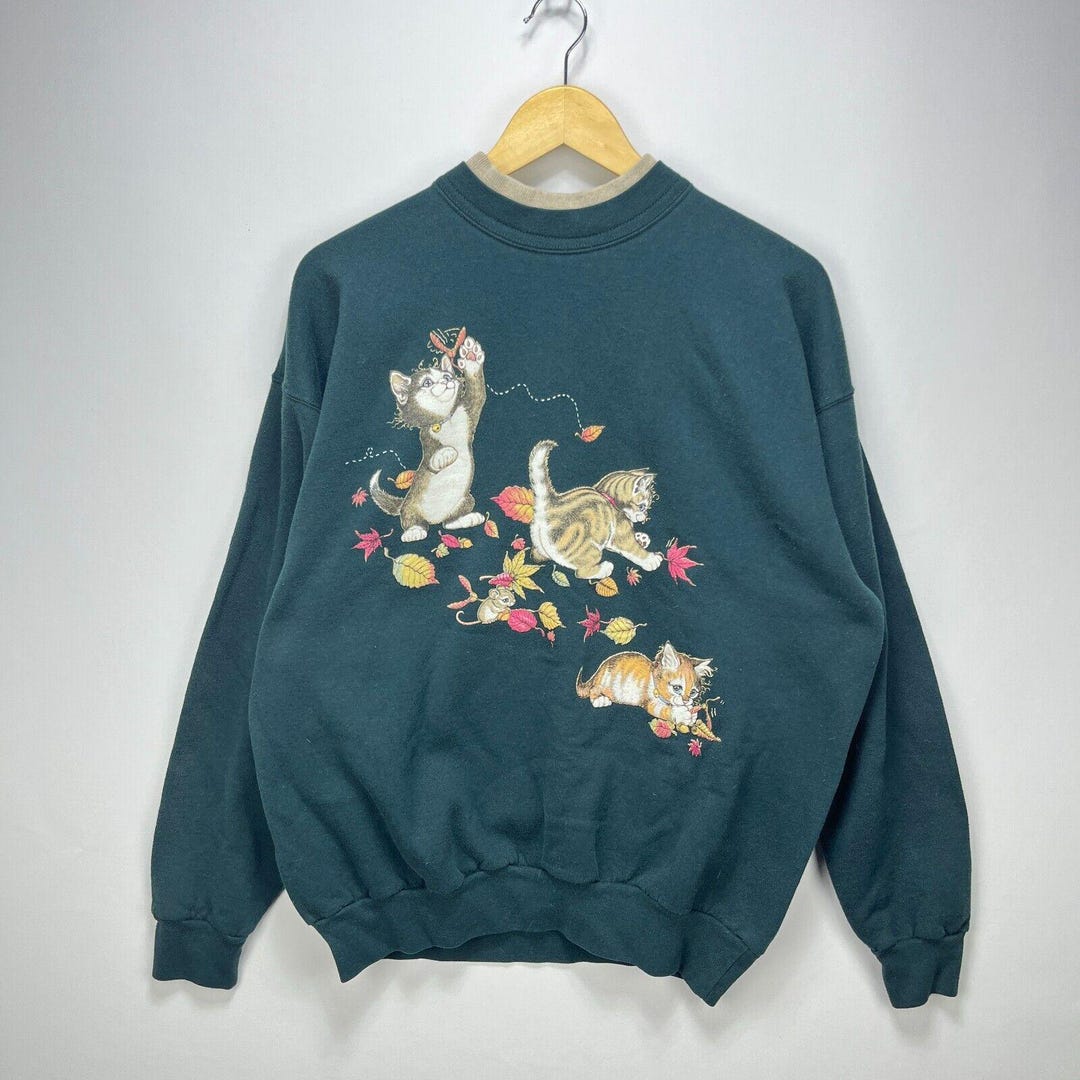 Vintage 90s Cat Kitten Cute Autumn Grandma Sweatshirt Large - Etsy