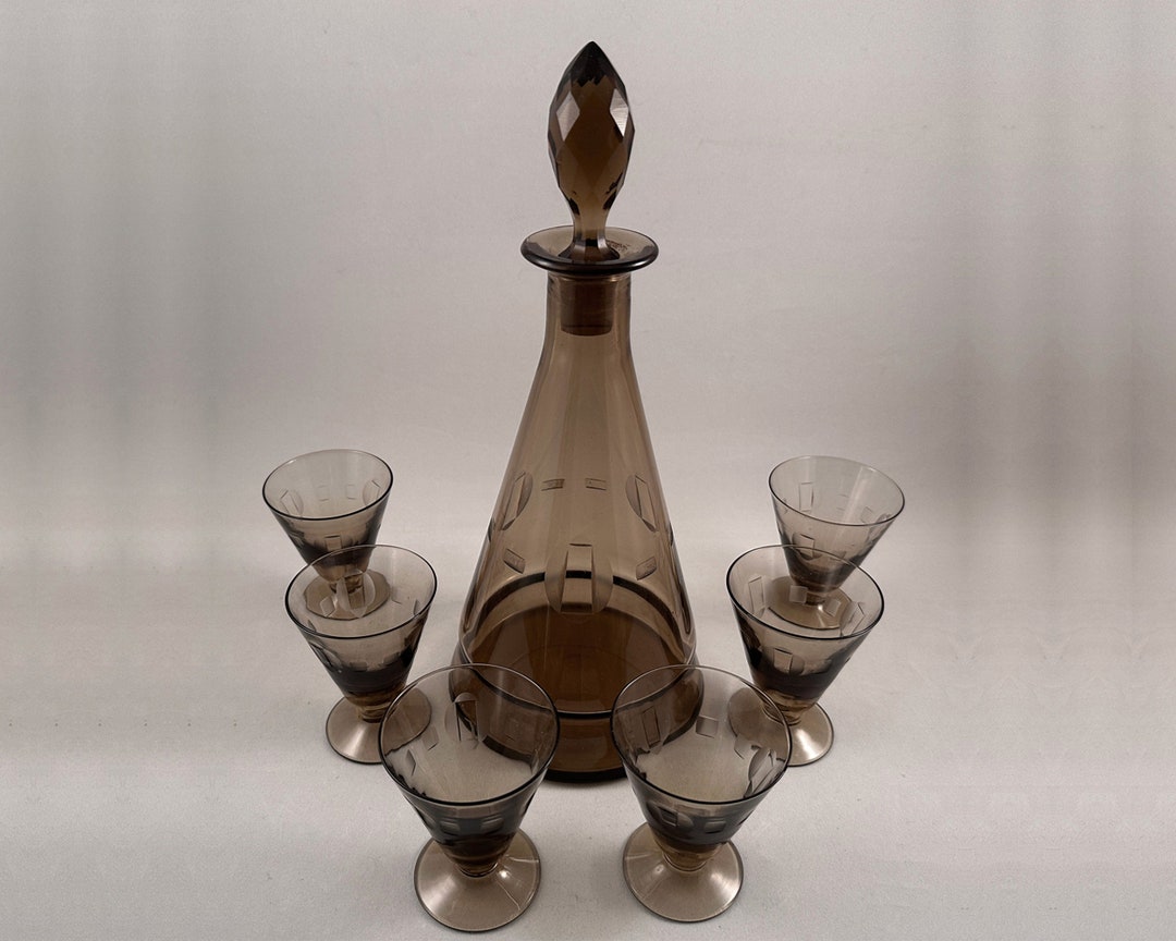 Prachtige Art Deco Bruine Rookglazen Likeurkaraf Met 6 - Etsy