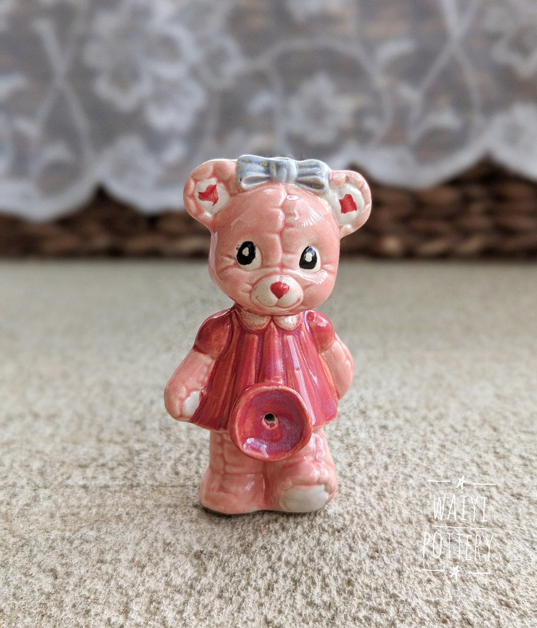Handmade Ceramic Girl Bear Pipe, Handmade Pink Bear Pipe, Teddy Bear ...