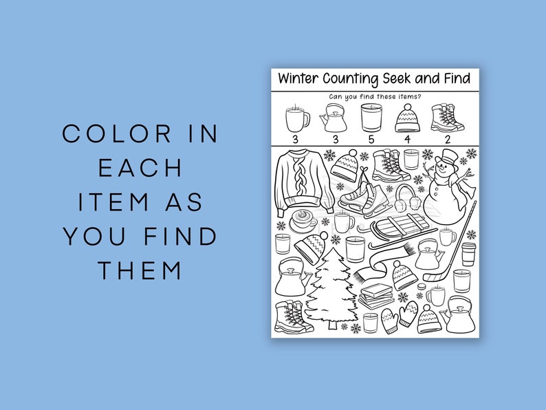 Winter Counting Seek and Find Coloring Page Printable, Snow I Spy Math ...
