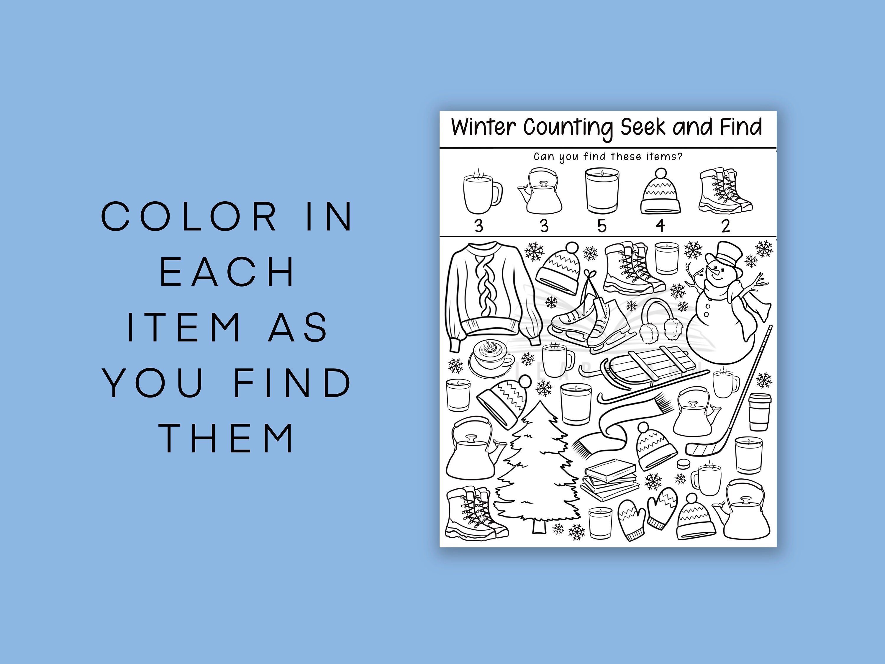 Winter Counting Seek and Find Coloring Page Printable, Snow I Spy Math ...