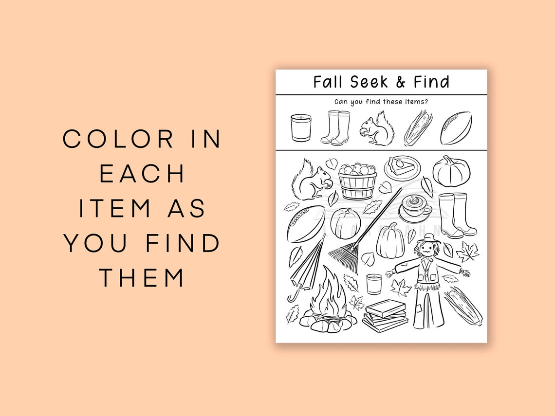 Fall Seek and Find Printable Coloring Page, Autumn I Spy Activity Sheet ...