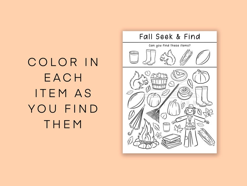 Fall Seek and Find Printable Coloring Page, Autumn I Spy Activity Sheet ...