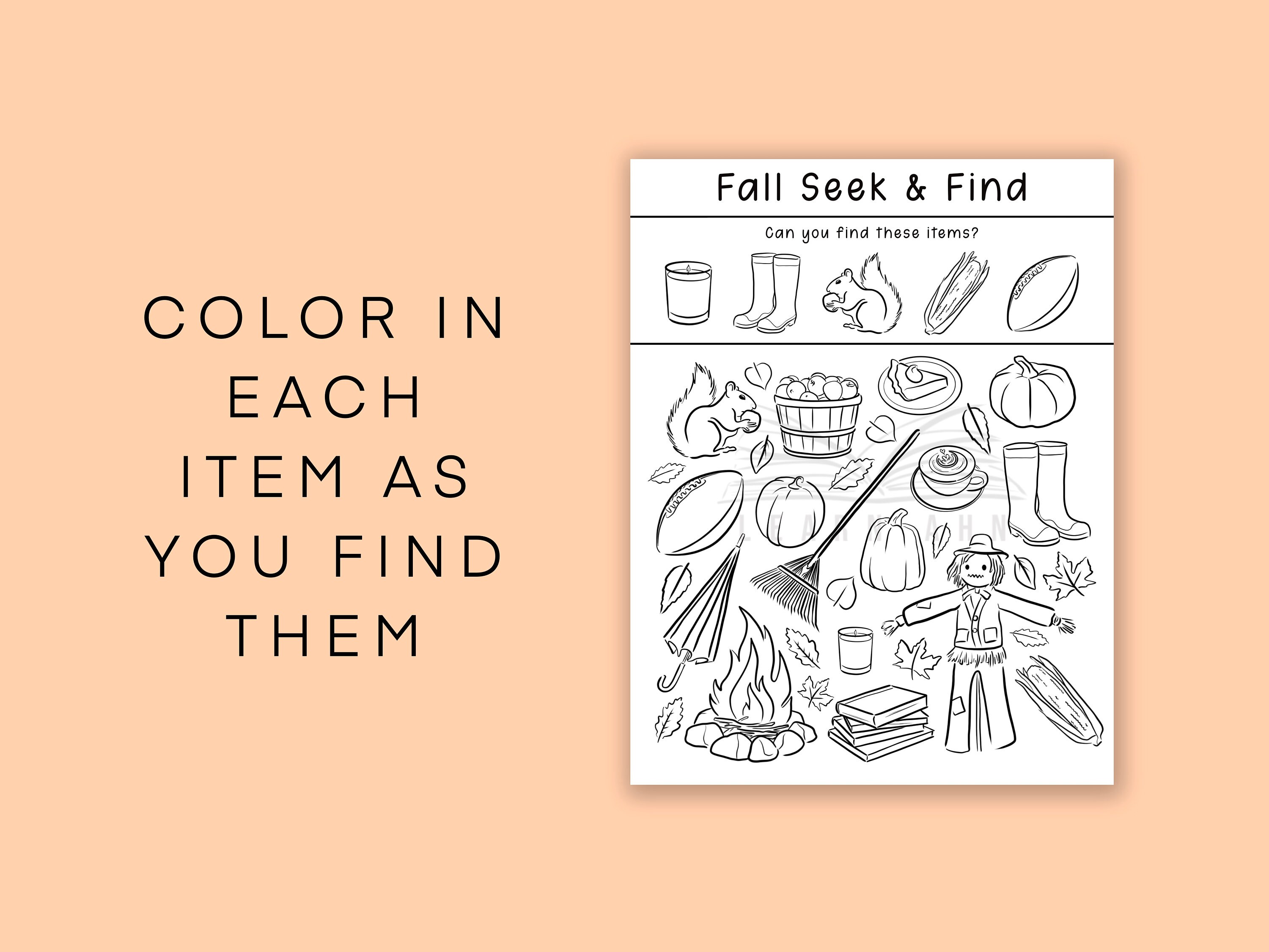 Fall Seek and Find Printable Coloring Page, Autumn I Spy Activity Sheet ...