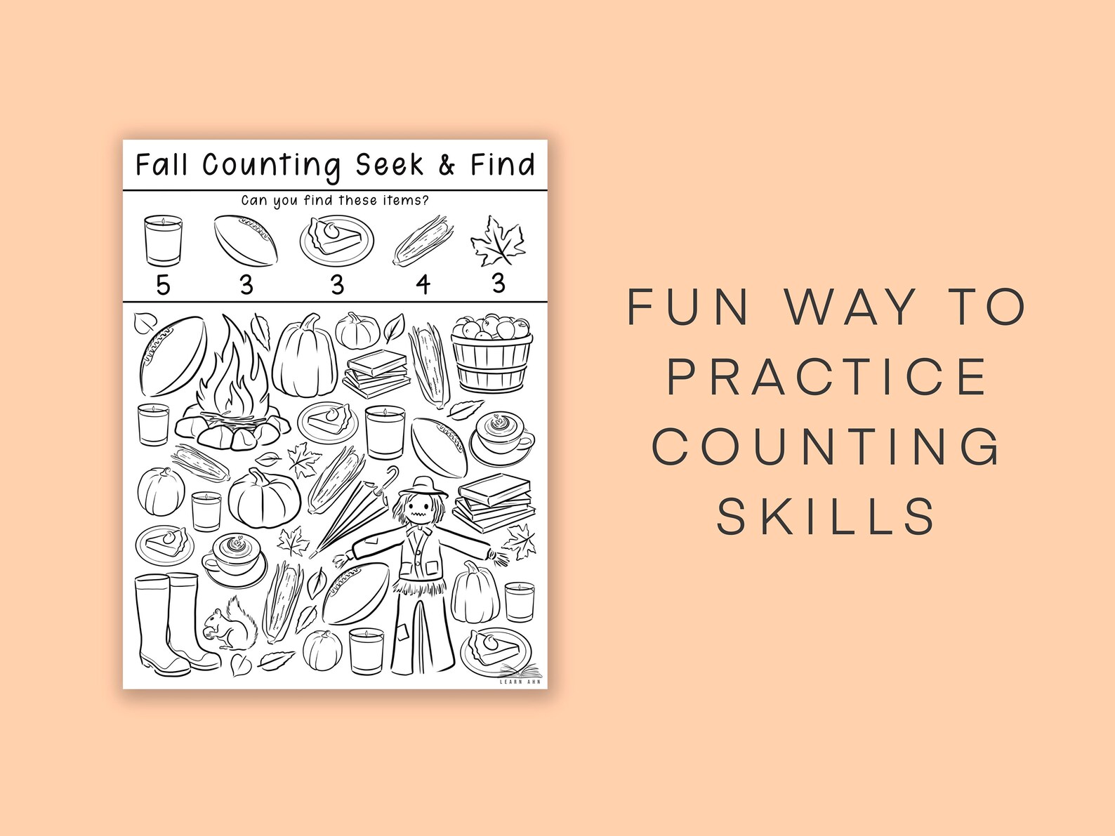 Fall Counting Seek and Find Coloring Page Printable Harvest I - Etsy