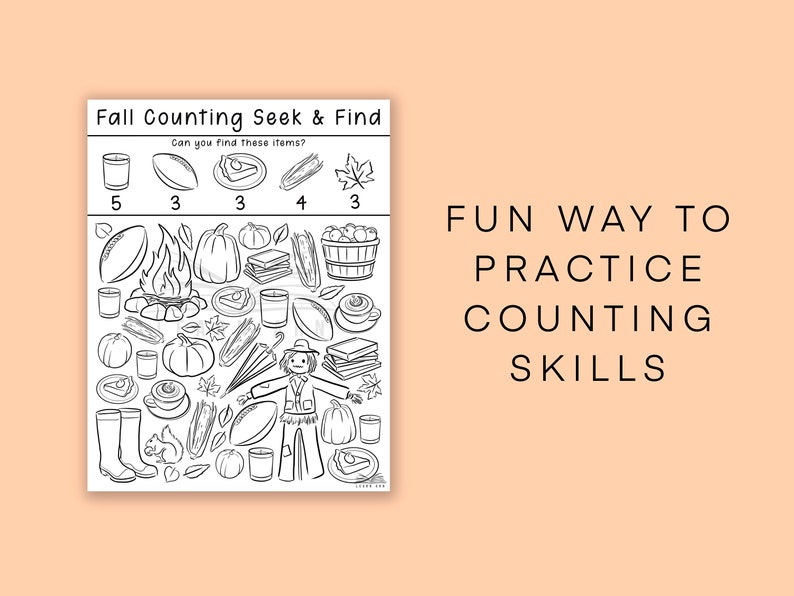 Fall Counting Seek and Find Coloring Page Printable, Harvest I Spy Math ...
