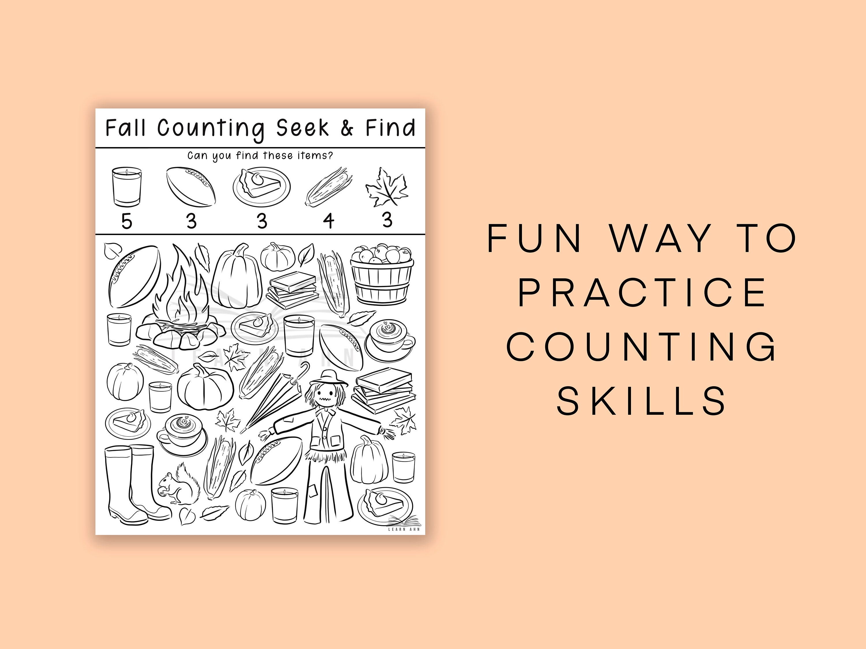 Fall Counting Seek and Find Coloring Page Printable, Harvest I Spy Math ...