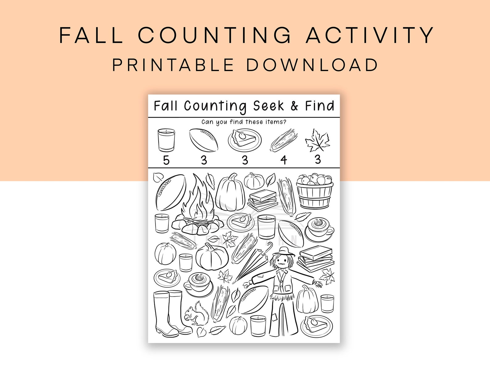 Fall Counting Seek and Find Coloring Page Printable, Harvest I Spy Math ...