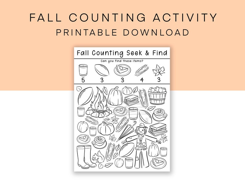 Fall Counting Seek and Find Coloring Page Printable, Harvest I Spy Math ...