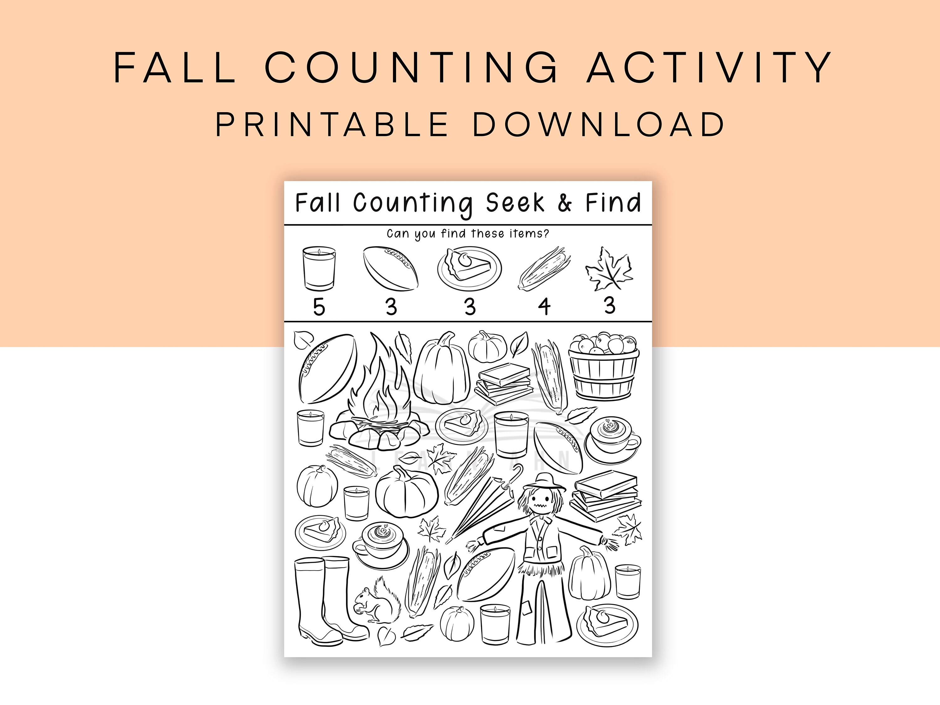 Fall Counting Seek and Find Coloring Page Printable, Harvest I Spy Math ...