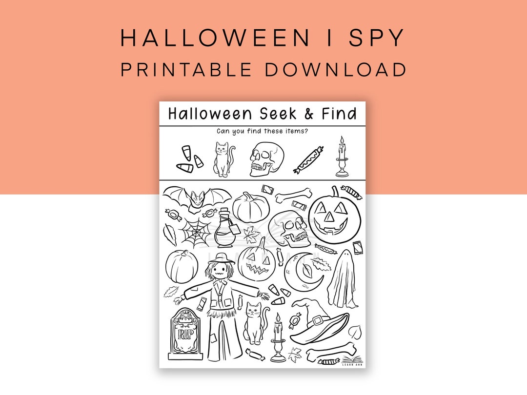 Halloween Seek and Find Coloring Page Printable, Spooky I Spy Activity ...