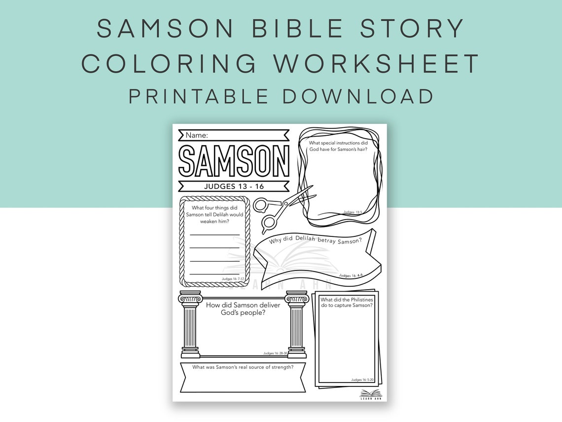 Samson Bible Story Worksheet, Sunday School Coloring Page, Samson and ...