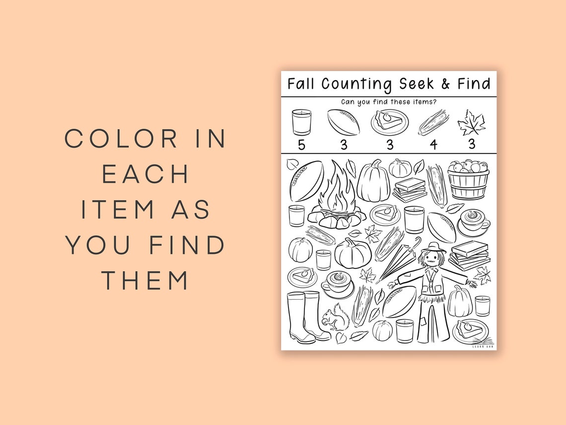 Fall Counting Seek and Find Coloring Page Printable Harvest I - Etsy