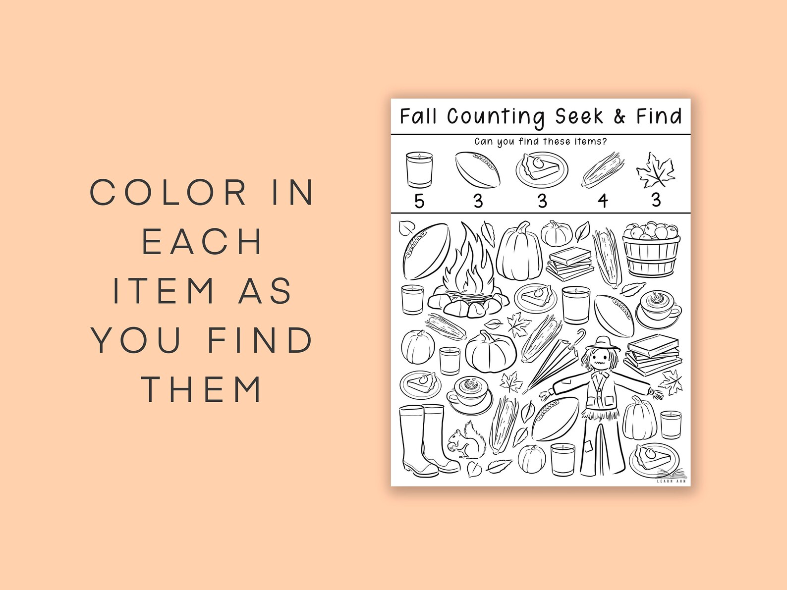 Fall Counting Seek and Find Coloring Page Printable Harvest I - Etsy