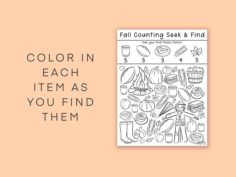 Fall Counting Seek and Find Coloring Page Printable Harvest I - Etsy