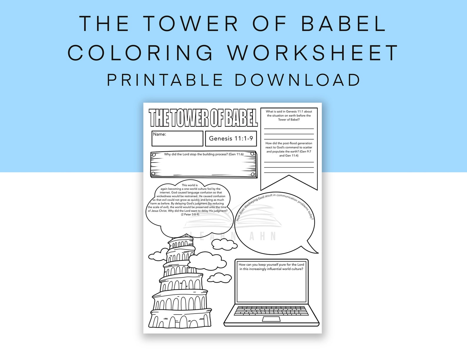 The Tower of Babel Bible Story Worksheet, Sunday School Coloring Page ...
