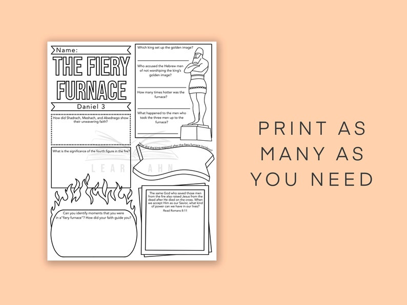 The Fiery Furnace Bible Story Worksheet, Sunday School Coloring Page ...