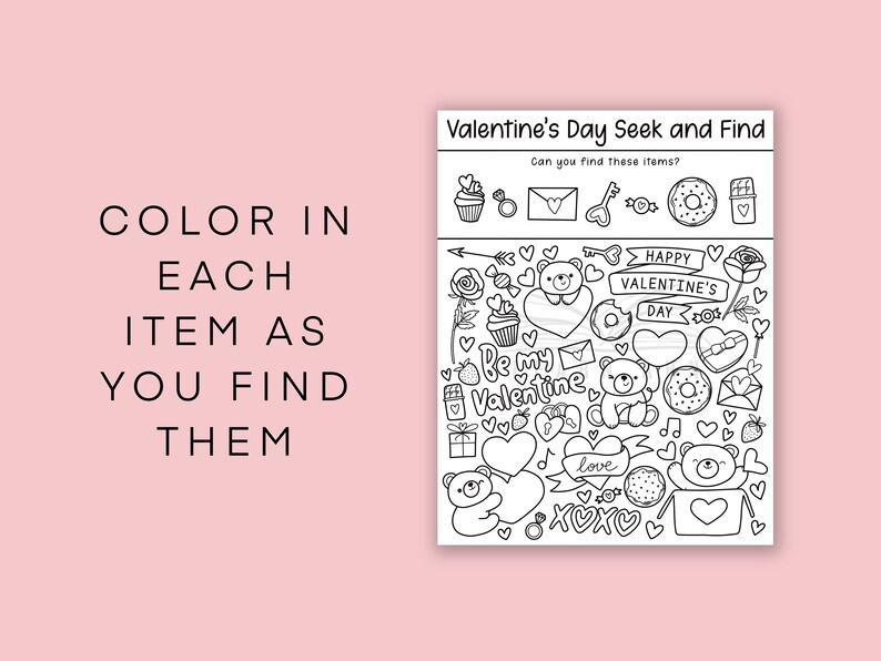 Valentine's Day Seek and Find Coloring Page Printable, I Spy Activity ...