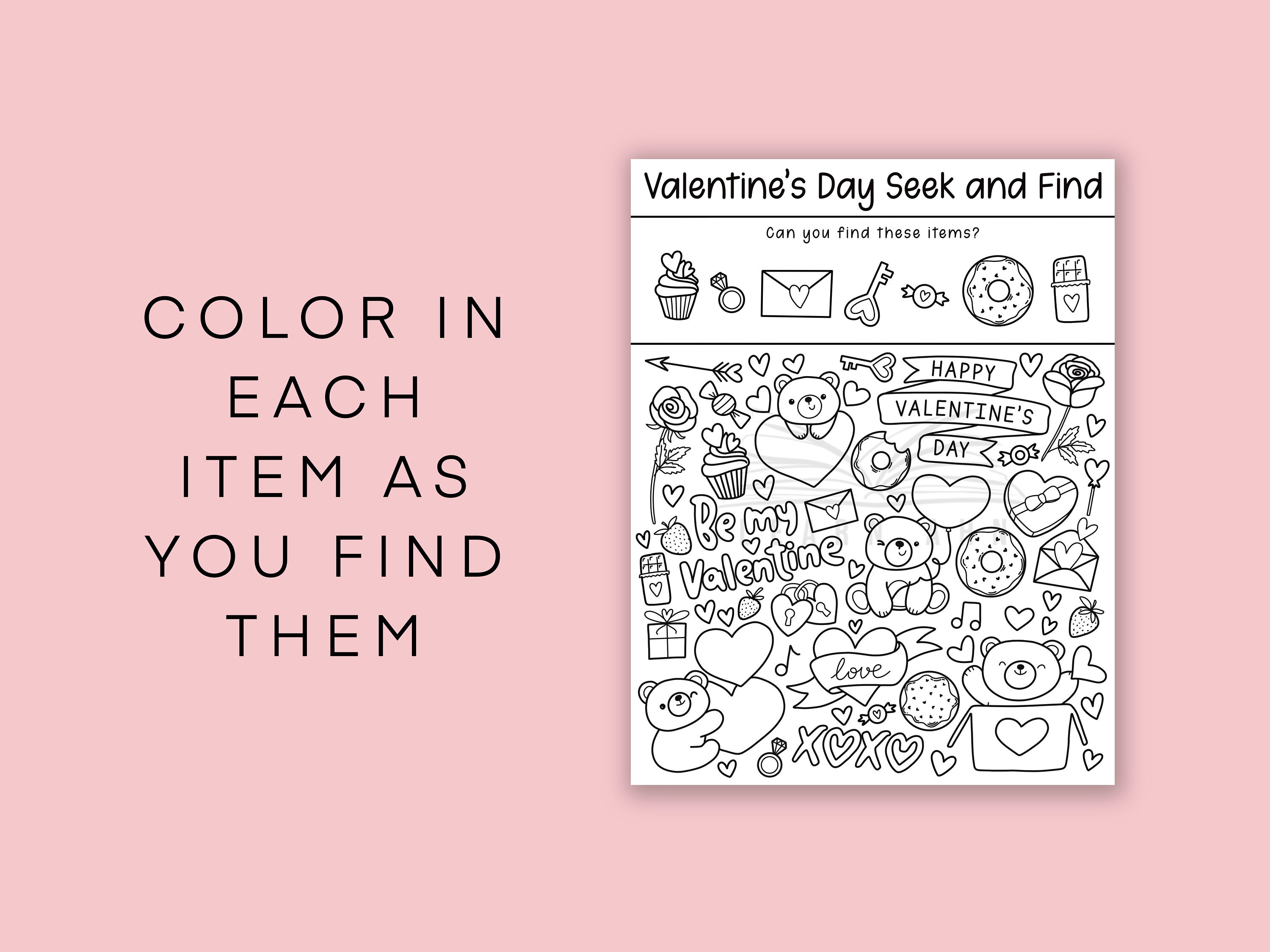 Valentine's Day Seek and Find Coloring Page Printable, I Spy Activity ...