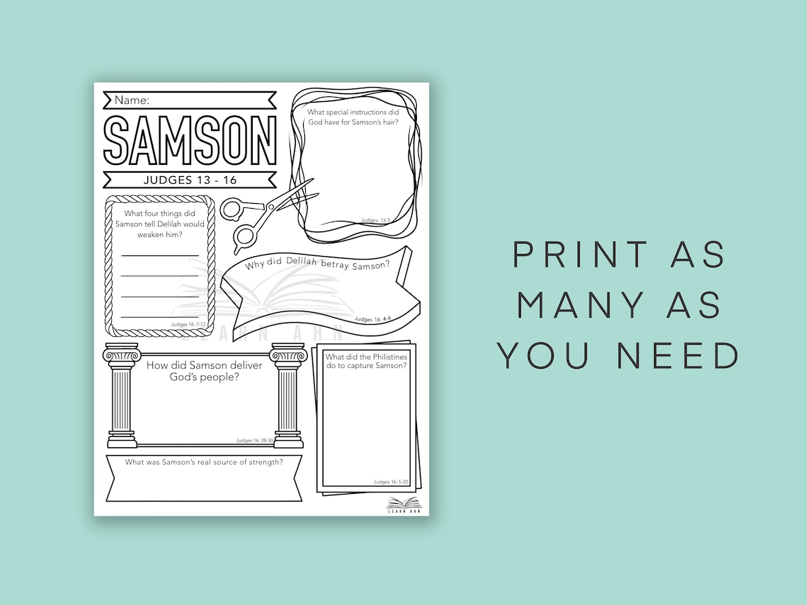 Samson Bible Story Worksheet, Sunday School Coloring Page, Samson and ...