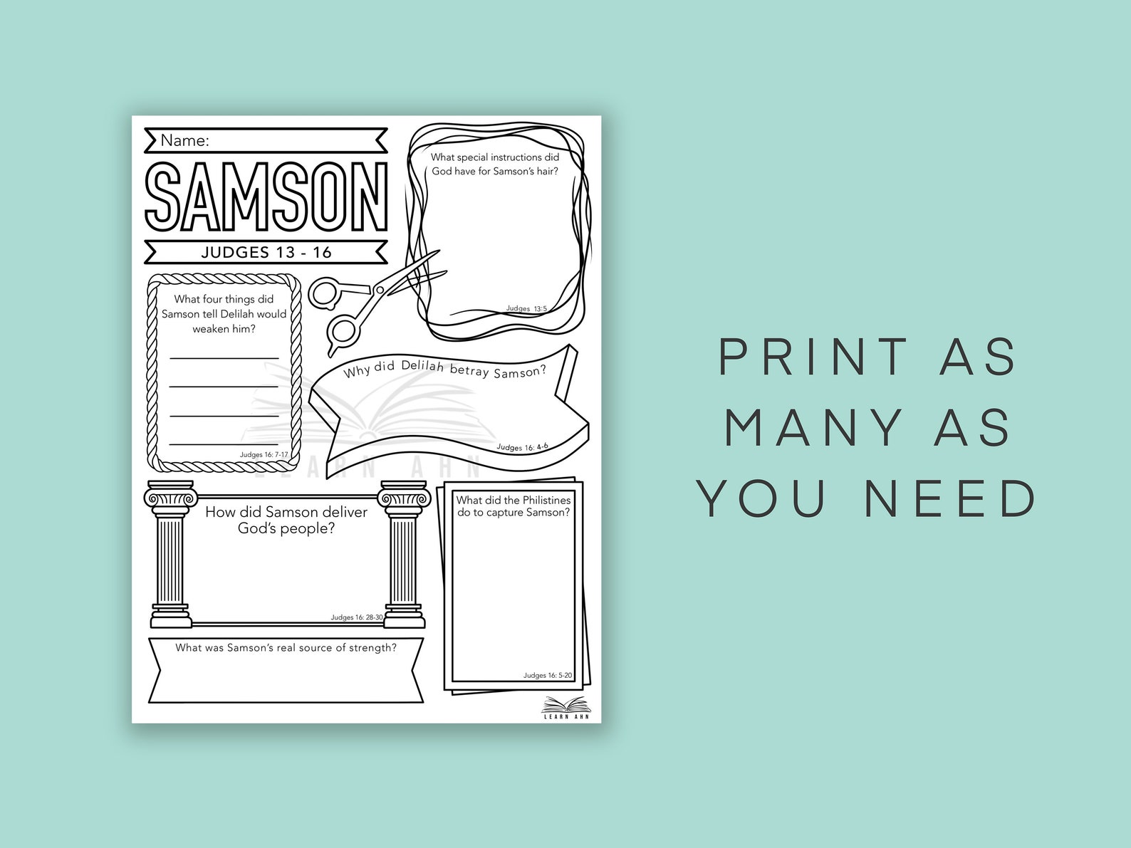 Samson Bible Story Worksheet, Sunday School Coloring Page, Samson and ...