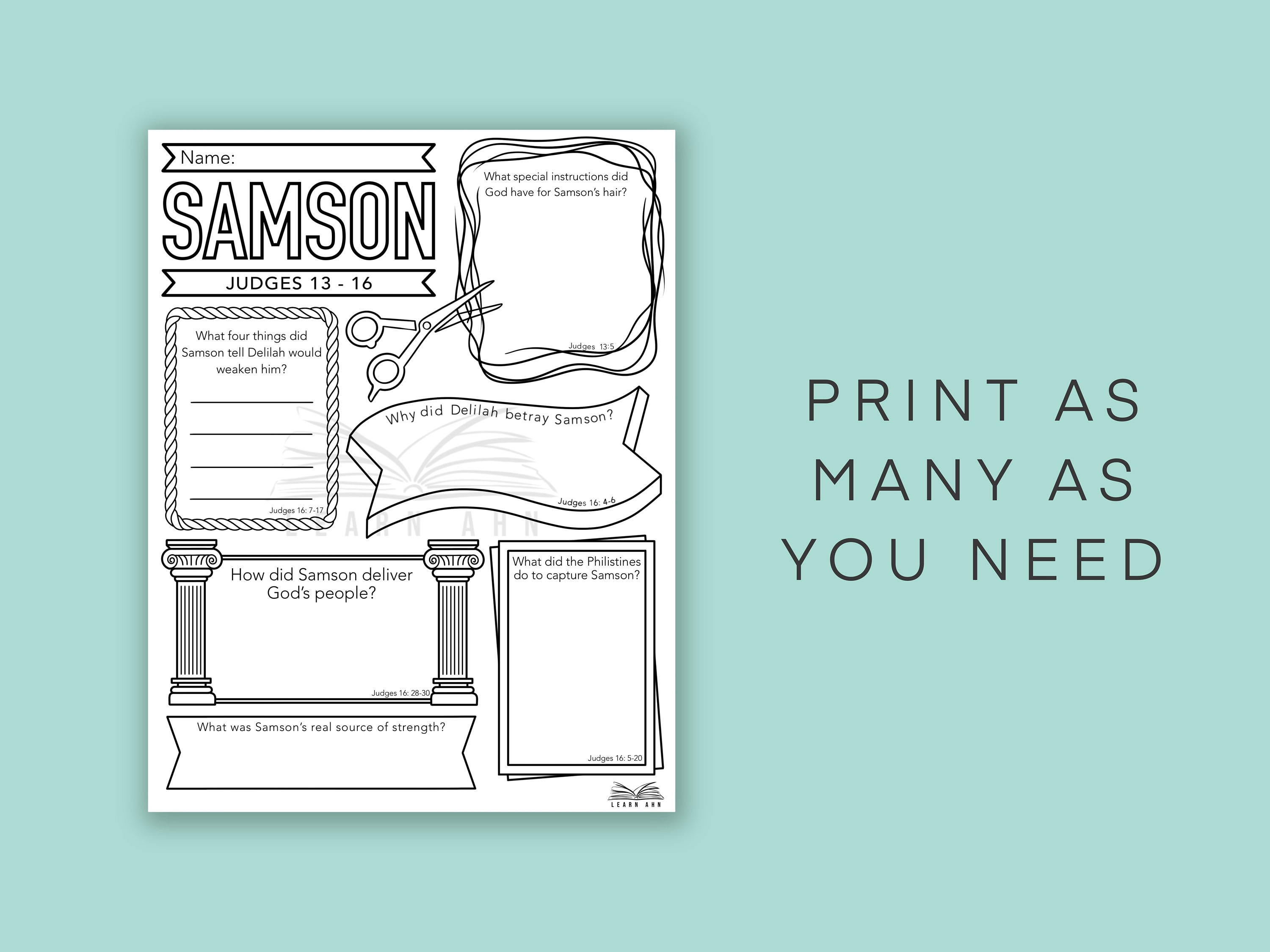 Samson Bible Story Worksheet, Sunday School Coloring Page, Samson and ...