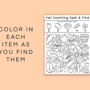 Fall Counting Seek and Find Coloring Page Printable, Harvest I Spy Math ...