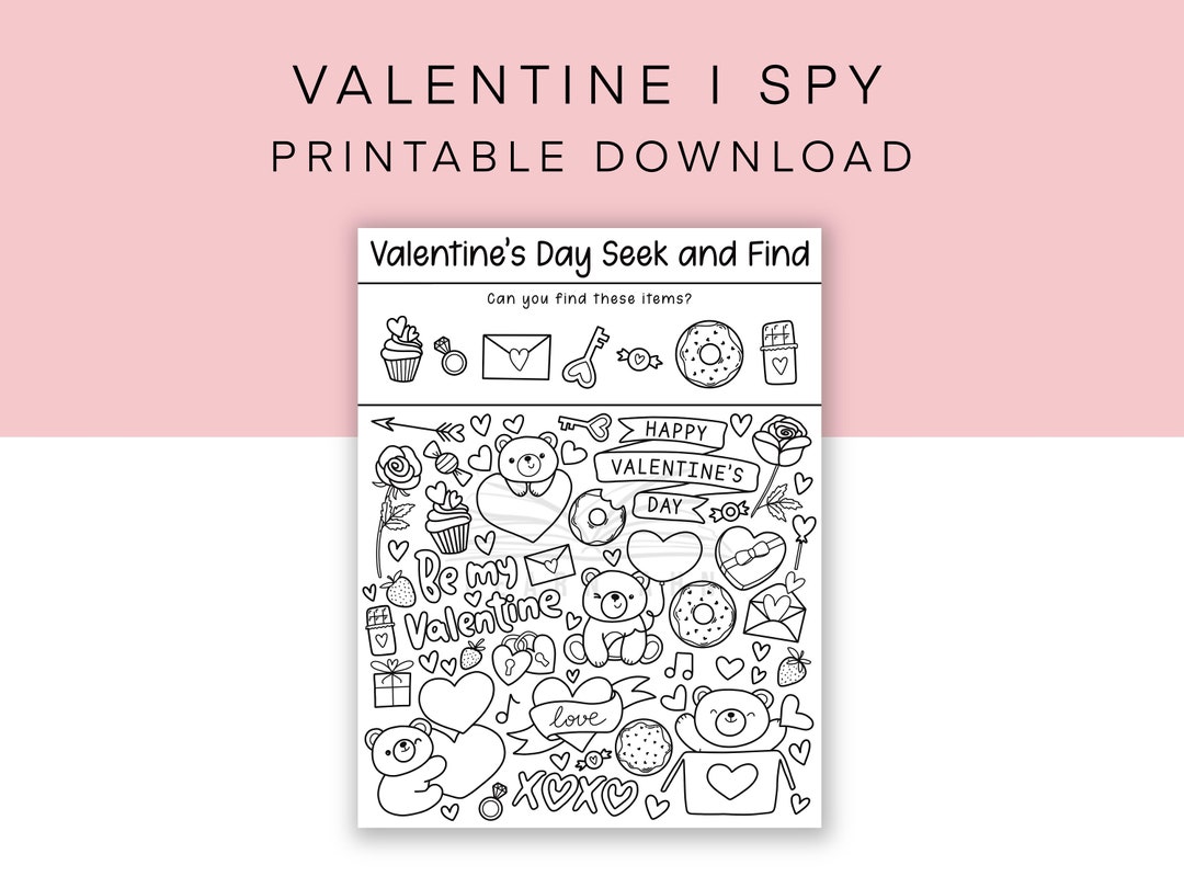 Valentine's Day Seek and Find Coloring Page Printable, I Spy Activity ...