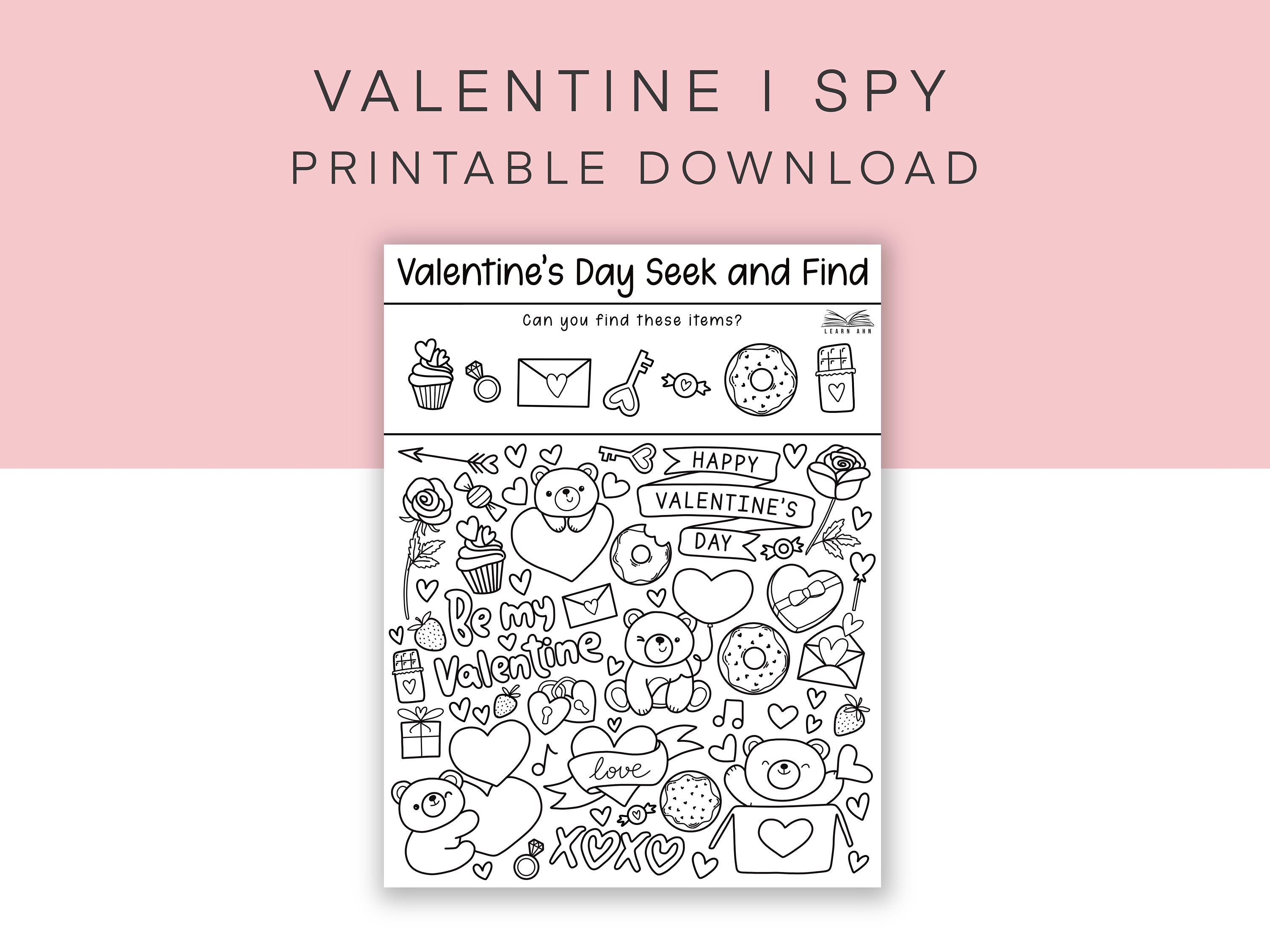 Valentine's Day Seek and Find Coloring Page Printable, I Spy Activity ...