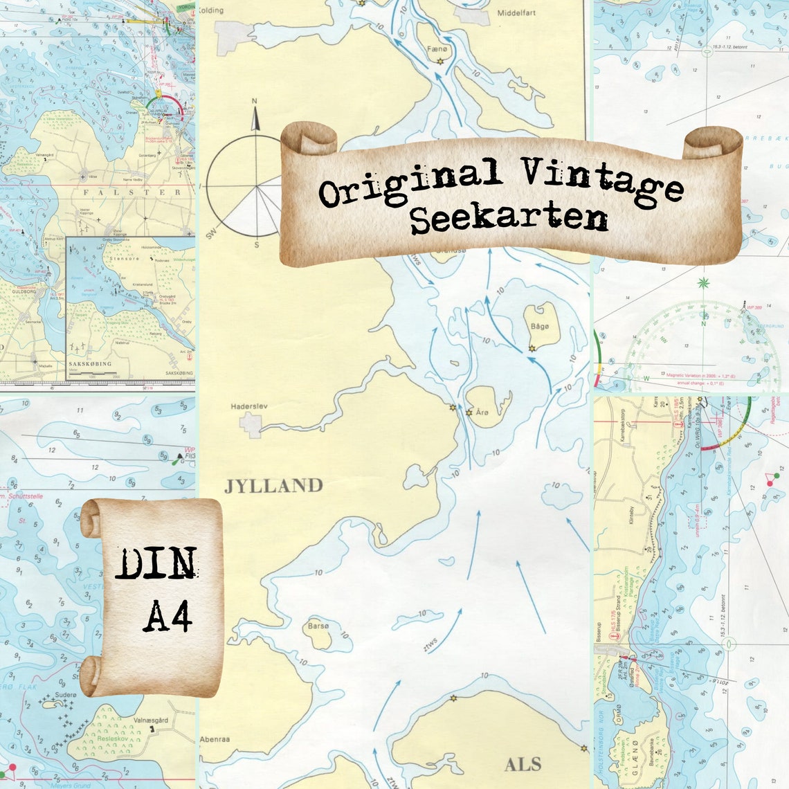 Original Nautical Charts Cut to A4 Format, Vintage Nautical Charts for ...